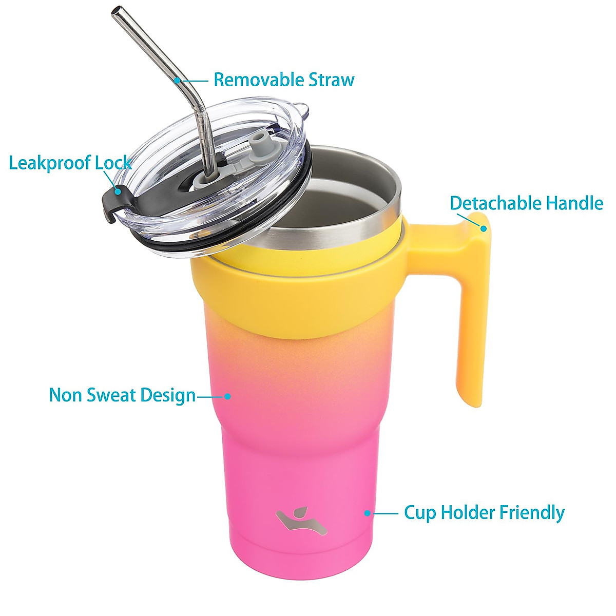 Konokyo 20oz Tumbler with Handle and 2 Straw 2 Lid, Insulated Water Bottle Stainless Steel Vacuum Cup Reusable Travel Mug,Rainbow