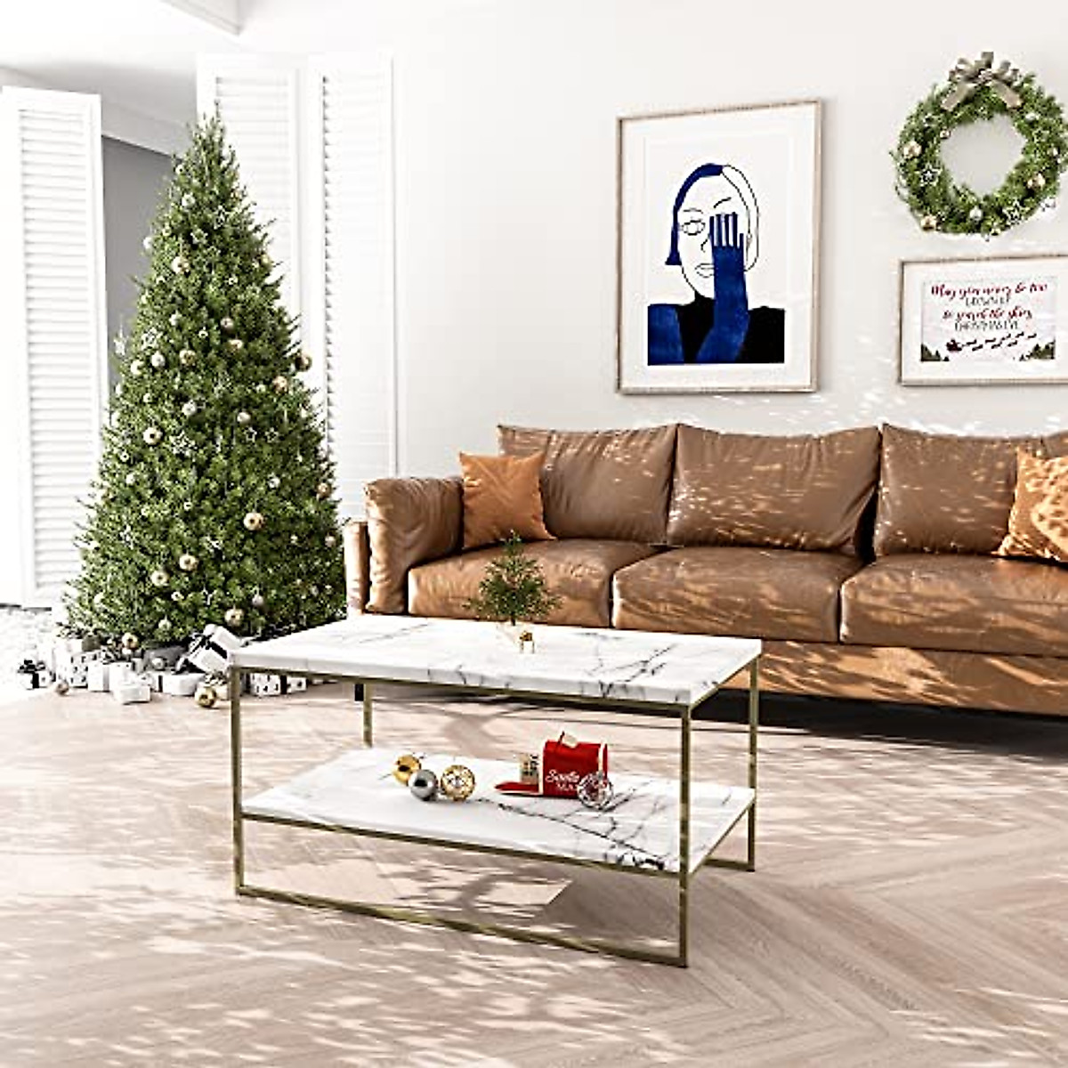 roomfitters 35” Faux Marble Coffee Table, Marble Top Rectangular Coffee Table, Center Table with Gold Metal Frame, 2 Tier Living Room Table, Cocktail Table with Storage for Living Room
