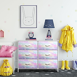 Sorbus Kids Dresser with 6 Drawers - Storage Chest Organizer Nightstand - Steel Frame, Wood Top, Tie-Dye Fabric Bins for Clothes - Wide Furniture for Bedroom, Hallway, Nursery, Closet, & Apartment