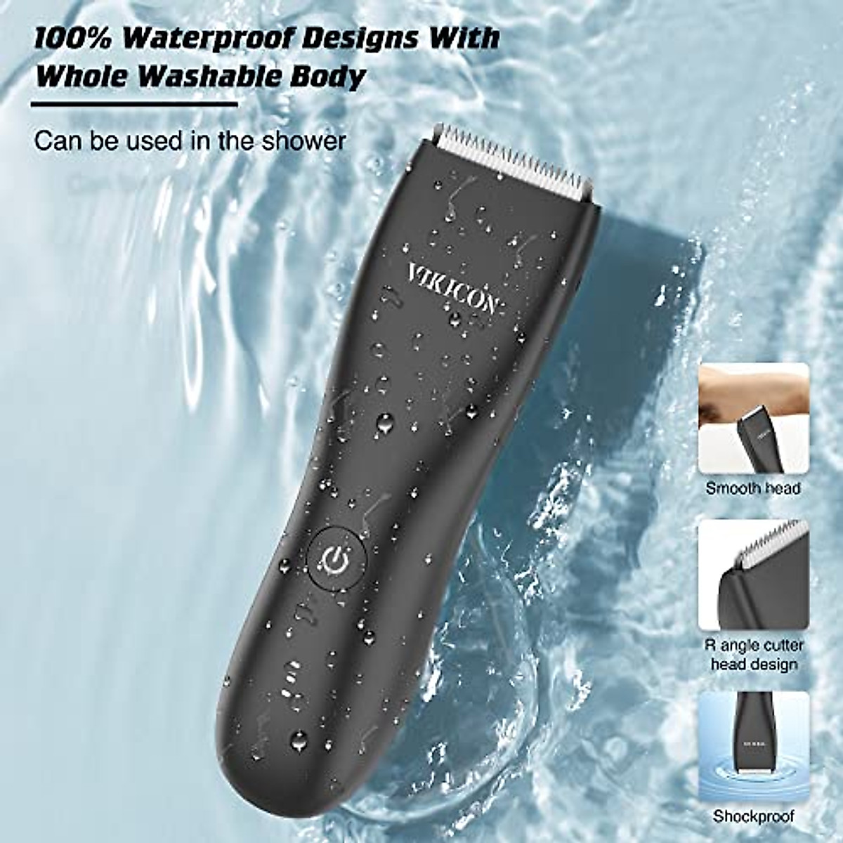 VIKICON Electric Groin Hair Trimmer: Ball Shaver & Body Groomer for Men Waterproof Wet/Dry Body Hair Clippers,Male Hygiene Razor with Standing Recharge Dock, Replaceable Ceramic Blade Heads(Black)