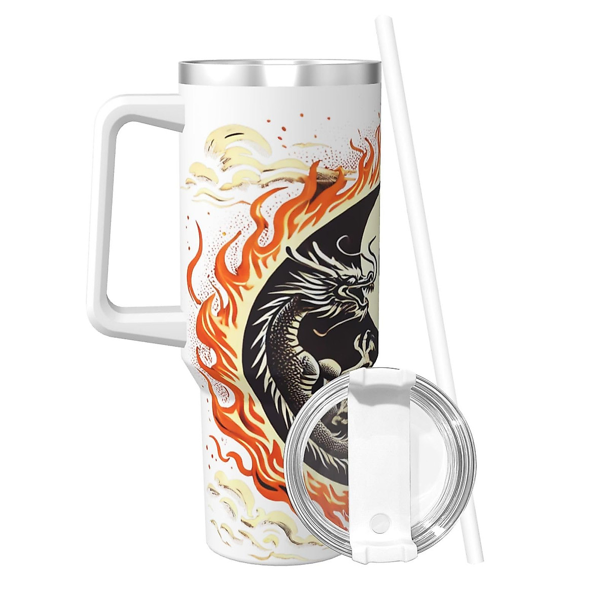 allgobee 40oz Stainless Steel Travel Mug With Handle,Yin Yang Chinese Dragon Insulated Coffee Tumbler With Lid And Straw