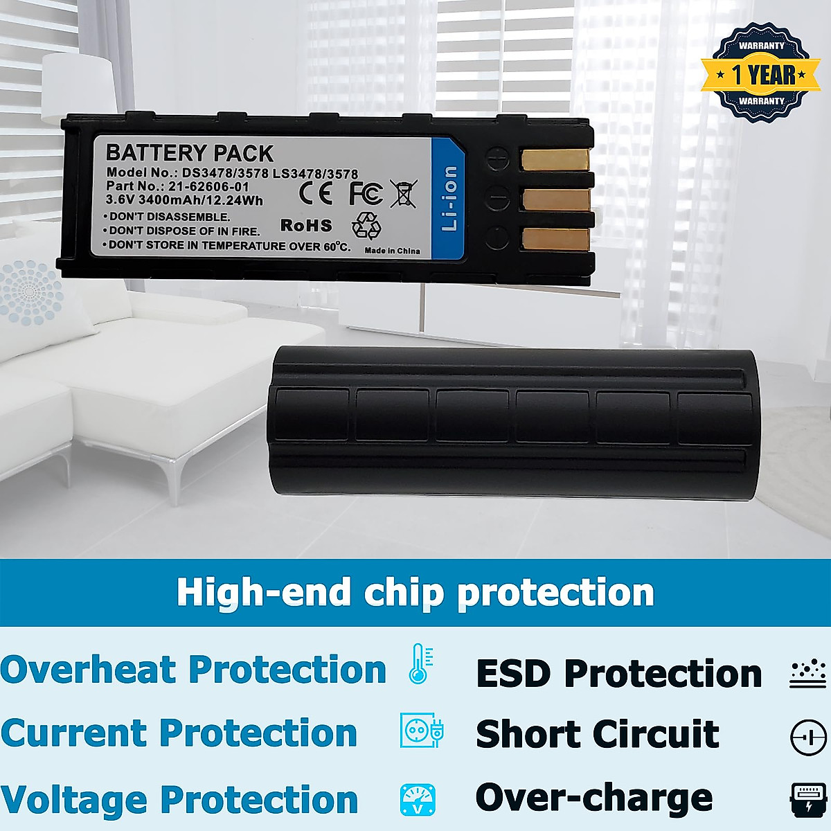 LAQUEENA DS3478 Battery Compatible with Symbol DS3578 LS3478 DSS3478 LS3578 XS3478 NGIS MOTOROLAMT2000 MT2070 MT2090 ZEBRAMT2000 MT2070 MT2090 Part NO 21-62606-01 KT-BTYMT-01R 12.24WH 3.6V