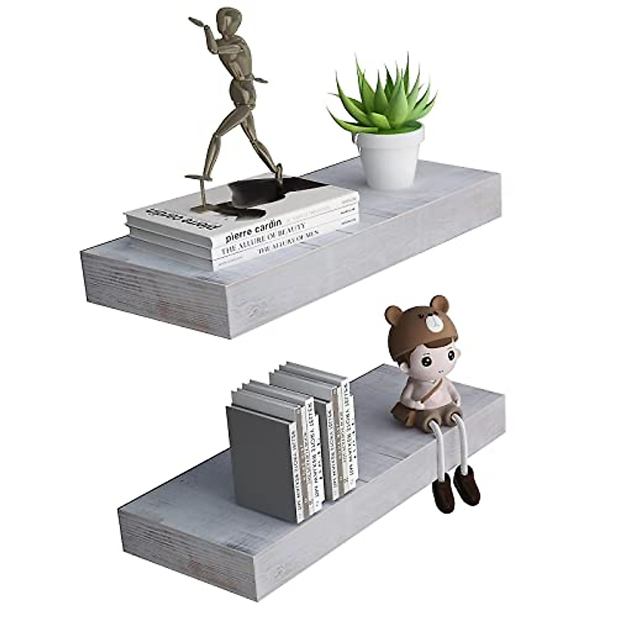 JOLLYMER Washed White Floating Shelves, 10 Inch Deep Wood Wall Shelf for Living Room, Bedroom or Bathroom, Farmhouse Style Home Decor