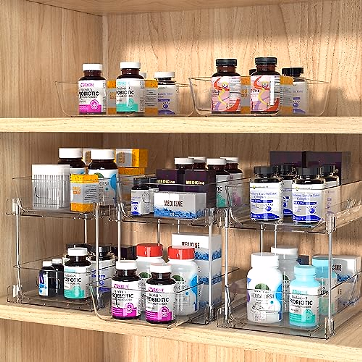 WUHUIXOZ 3 Pack 2 Tier Clear Under Bathroom Sink Organizers and Storage, Medicine Cabinet Organizer with Dividers, Pull Out Kitchen Pantry Shelf Cupboard Closet Vanity Organization Bins