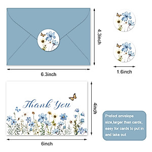 Whaline 24Pcs Blue Wildflower Thank You Cards with Envelopes and Stickers Dusty Blue Flower Greeting Cards Floral Blank Note Cards for Wedding Bridal Baby Shower
