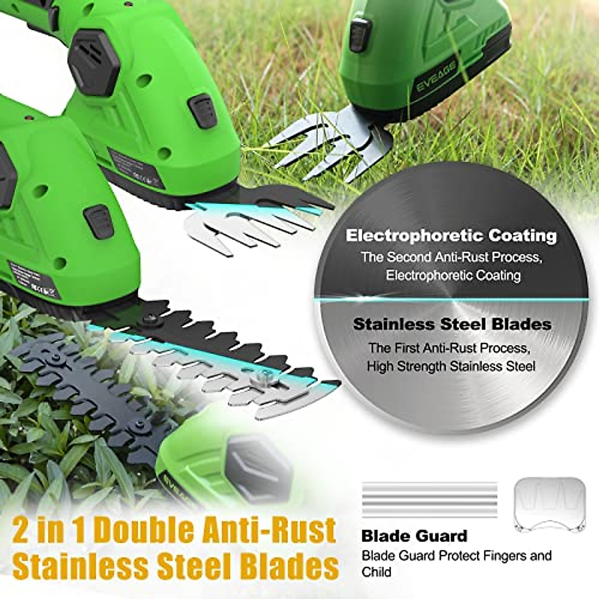 EVEAGE Cordless Grass Shears - Grass Trimmer - Electric Grass Clippers, 2 in 1 Light Duty Handheld Grass Shears Power Hedge Trimmers with Battery, Charger and Extra Safety Key