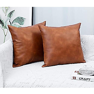 SEEKSEE Brown Faux Leather Accent Throw Pillow Cover 18x18 inch, 2-Pack Modern Country Farmhouse Style Pillowcase for Bedroom Living Room Sofa