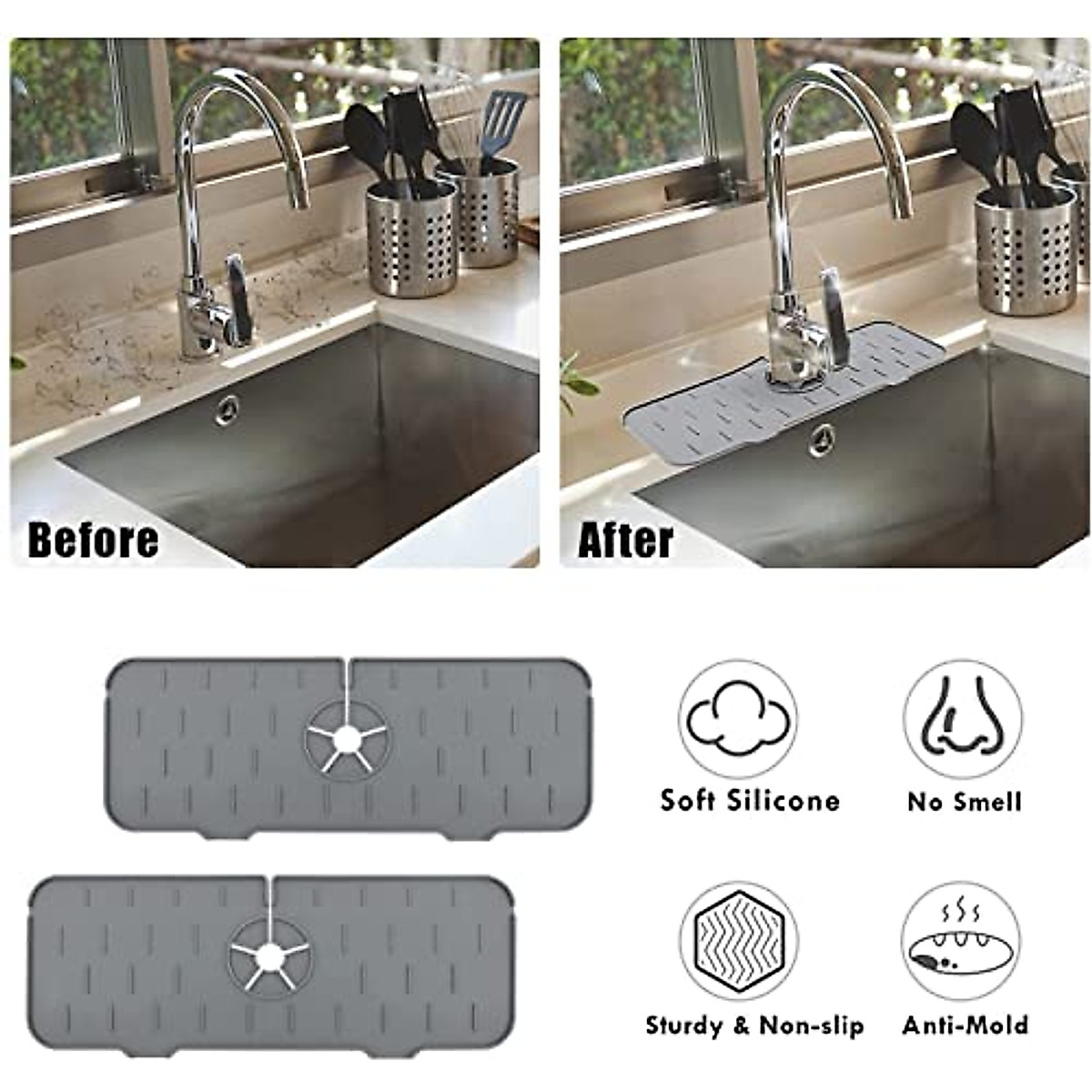 Kitchen Sink Splash Guard, Silicone Faucet Handle Drip Catcher Tray, Faucet Absorbent Mat, Sink Protectors for Kitchen Sink, Sink Mat for Bathroom, Farmhouse and RV, Kitchen Sink Accessories