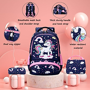 Unicorn Backpack for Girls School Backpack for Girls Water Resistant Unicorn Bookbag Girls Backpacks School Bag 3 Piece Set with Insulated Tote Lunch Bag and Pencil Case