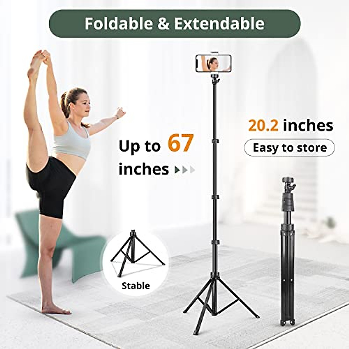 Eicaus Adjustable 67'' Cell Phone Tripod with Remote Control - Versatile Selfie Stick Tripod for Live Streaming, Vlogging, and More - Compatible with iPhone, Android, GoPro, Cameras Black