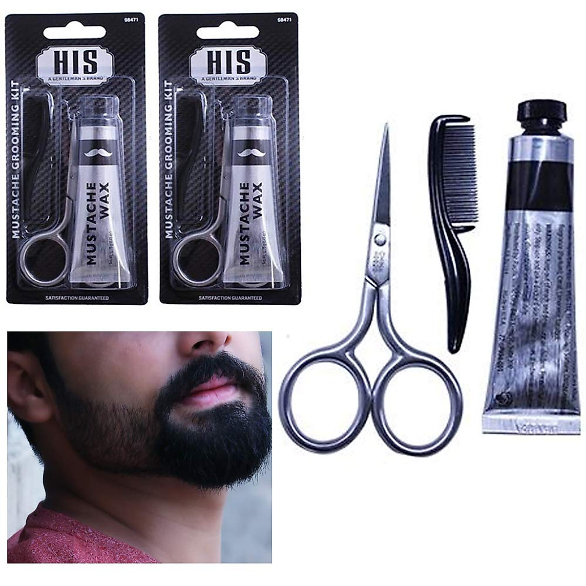 2 Packs Beard Taming Kit Men Mustache Comb Barber Grooming Growth Wax Facial 6pc