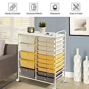 MEDIMALL 15 Drawers Rolling Storage Cart, Multipurpose Craft Storage Cart with Wheels, Mobile Tools Scrapbook Paper Organizer Cart for School Home Office Use (Yellow)