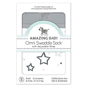 Amazing Baby 6-Way Omni Swaddle Sack for Newborn, Transitional Swaddle Sack with Wrap & Arms Up Sleeves & Mitten Cuffs, Easy Swaddle Transition, Better Sleep, Gray Stars, Small, 0-3 Months