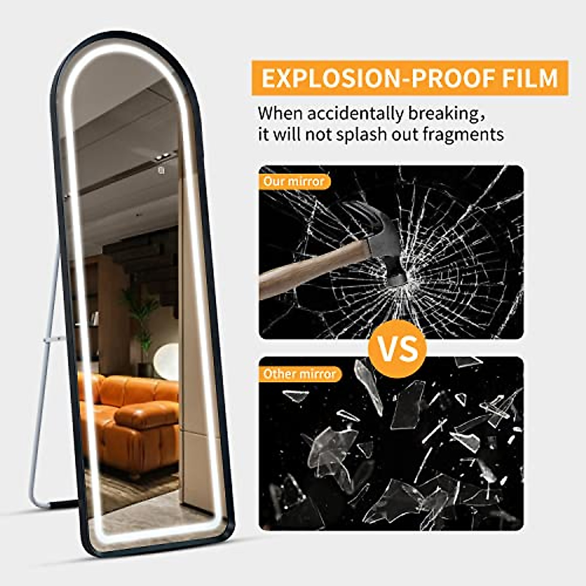 S'bagno 63"x20" Arched-Full-Length-Mirror-with-Lights, Bedroom Full-Body-Floor-Mirror Aluminum Black Frame, Wall-Mounted Hanging Dressing-Mirror with Touch Dimming& 3000K 4000K 6500K