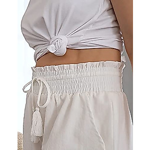 Rapbin Women's Cotton Linen Pants Casual Drawstring Loose Elastic Waist Beach Trousers with Pockets White L