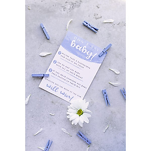 Don't Say Baby Game for Boy with Blue Natural Wooden Clothespins for Baby Shower Pins Game and Cute 5 x 7 Sign - 30 People - by Shower Games & Co.
