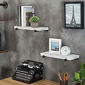MyGift 16-Inch Rustic White Wood Wall-Mounted Floating Shelves with Black Metal Pipe Brackets, Urban Industrial Wall Hanging Storage and Display Shelf, Set of 2