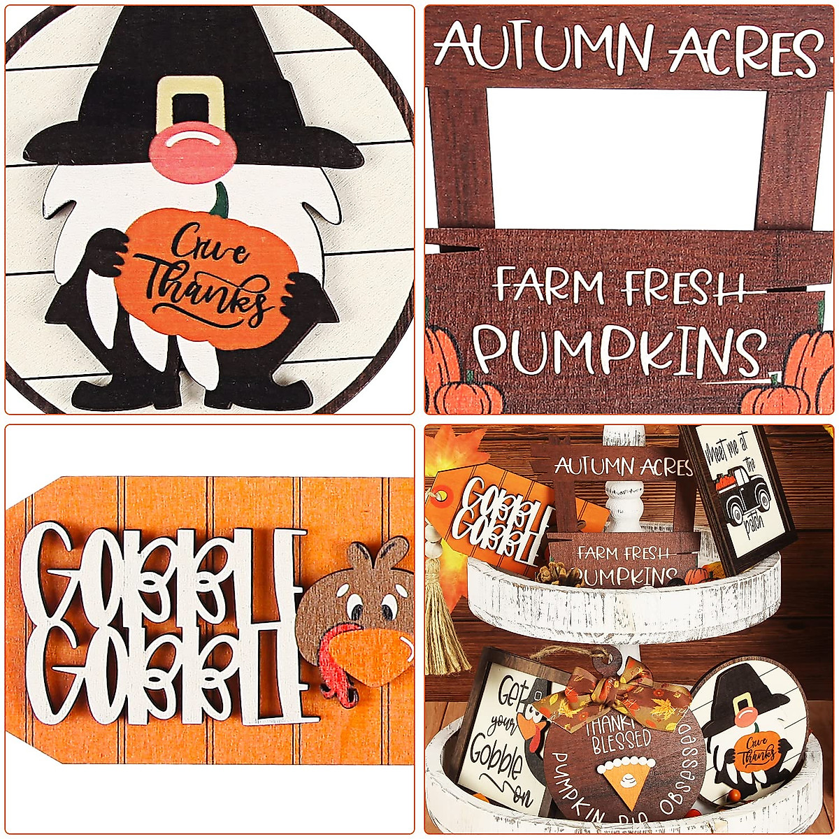 6 Pieces Thanksgiving Decoracion Fall Tiered Tray Decor,Pumpkin Turkey Gnomes Fall Wooden Tiered Tray Decor Top Decor Table Signs for Home Farmhouse Tabletop
