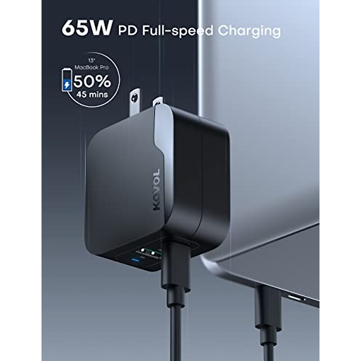 USB C PD Charger 65W, KOVOL Sprint USB Wall Charger, 2 Ports GaN III Fast Charger, USB C Travel Charger for MacBook Pro/Air, iPad Pro, iPhone 13/12/11, Dell XPS, Galaxy, Switch, and More