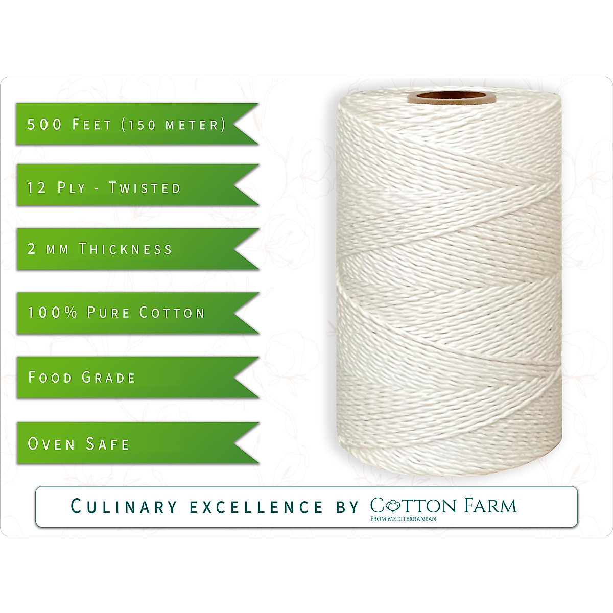 Cotton Farm Cooking Twine, 500 Feet String, 0.1 Inch (2mm) Thickness, Twisted (Extra Strong), 100% Unbleached Cotton - Butchers Choice for Cooking