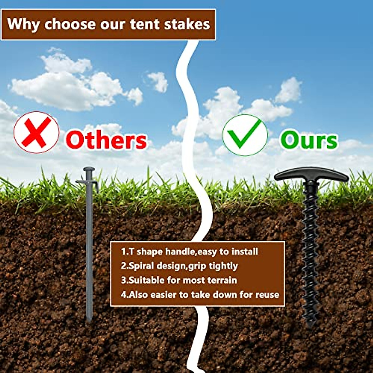 Tent Stakes 10 Pack Ground Anchors Tent Pegs,5.7in T Shape Spiral Ground Stakes,Camping Stakes for Tent Tarps Canopy Camping Hiking