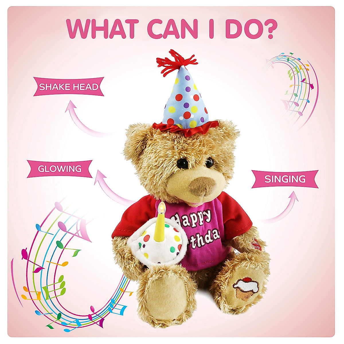 Houwsbaby 13.5'' Birthday Teddy Bear Interactive Stuffed Animal Electric Singing Musical Plush Toy with Cupcake, Glow Candle Teddy Bear Presents for Kids Girls Boys Birthday Holiday