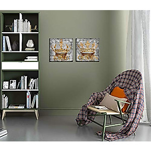 Zlove 2 Set Romantic Wall Art Golden Queen and King Crown Painting Antique Vintage Grey Artwork on Canvas For Bedroom Valentine Day Wedding Gift Stretched and Framed Ready to Hang 12x12inchx2pcs