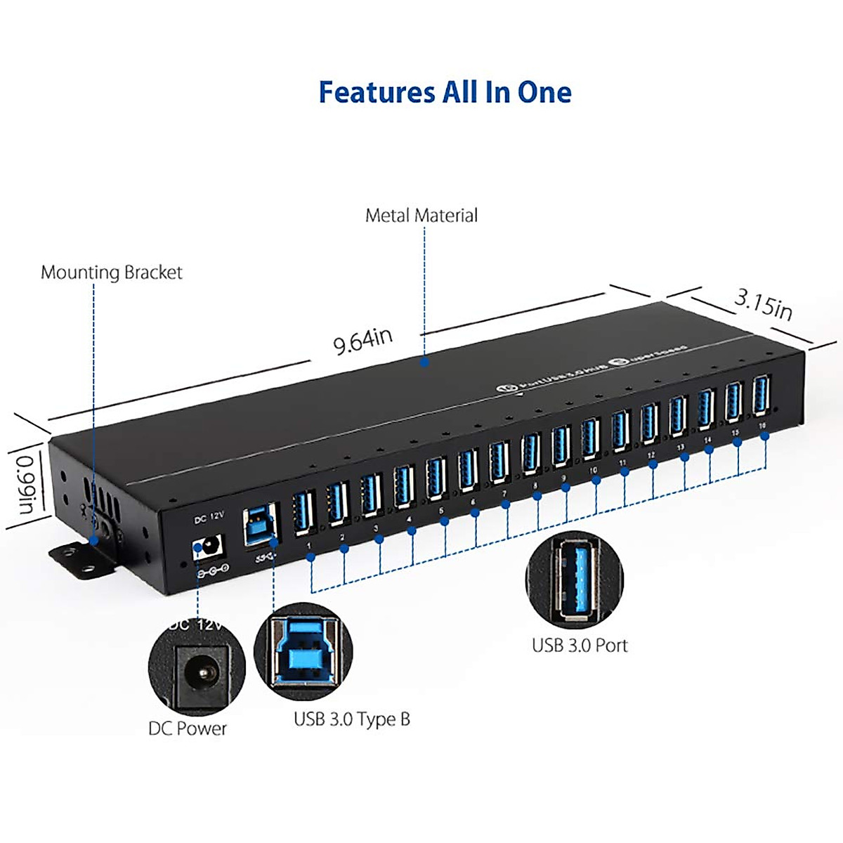 Powered USB Hub - UUSTK 16 Ports 120W USB 3.0 Data Hub - with Mounting Bracket and 12V/10A Power Adapter USB Hub 3.0 Splitter for Laptop, PC, Computer