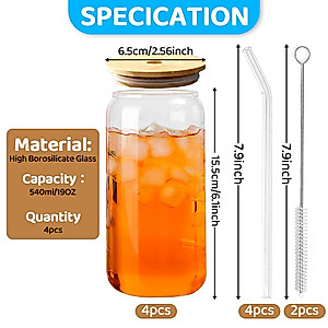 La Llareta 4 Pcs Drinking Glass with Lids and Straw, 540ml Iced Coffee Cups, Shaped Beer Glasses Cups, with 2 Straw Brushes, for Cola, Smoothies, Cocktails, Soda