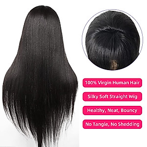Glowig Straight Human Hair Wigs With Bangs Brazilian Virgin None Lace Front Wigs Glueless Machine Made For Women Wigs (150% Density,Natural Black, 16 inch)