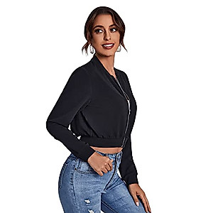 SweatyRocks Women's Casual Long Sleeve Solid Zip Up Coat Crop Bomber Jacket Black M