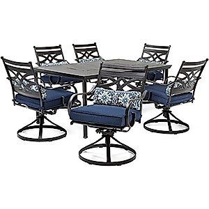 Hanover Montclair 7-Piece Steel Patio Dining Set with 6 Swivel Rockers, Navy Blue Cushions and Stamped Steel 40"x 67" Rectangular Dining Table, Outdoor Dining Set for 6, All Weather Patio Furniture