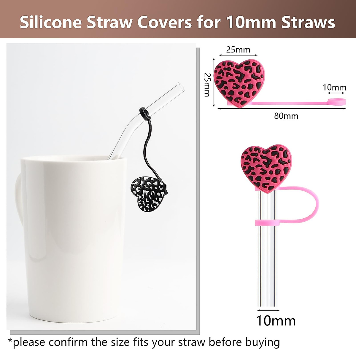 3Pcs Leopard Print Heart Silicone Straw Cover Cap for Stanley 40oz & 30oz Tumbler, 10mm Reusable Cute Drinking Straw Topper Accessories