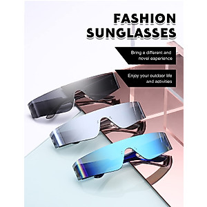 MASDUN Trendy Rimless Futuristic Wrap Around Sunglasses Women Men,Cyberpunk Visor Sunglasses Shades Fashion Eyeglasses (Black/Silver/Blue)