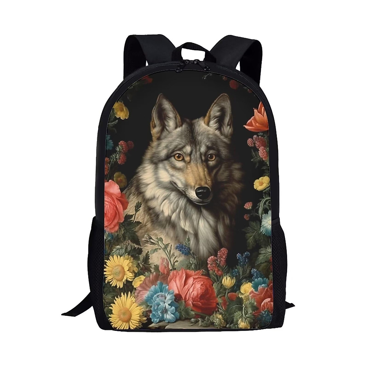 Vintage Floral Wolf Backpack for Boys Girls Elementary Cute School Bag with Padded Back Adjustable Straps Personalized Trendy Large Capacity Backpack 17 Inch Student Basic Black Bookbag
