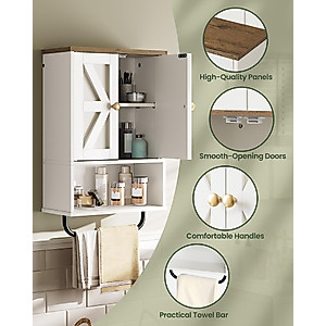 CHOEZON Bathroom Wall Cabinet, Medicine Cabinet with Open Partition and Towel Bar, Rustic Storage Cabinet with Open and Hidden Storage Space, for Bathroom, Living Room, Kitchen, White and Walnut