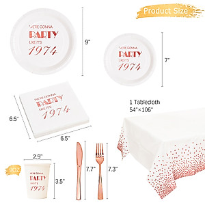 Crisky Rose Gold Tableware Set for Women 50th Birthday Party Decorations Supplies, Party 1974 Set of 24 (9" & 7" Plates, Luncheon Napkin, 9oz Cups, 106"×54" Tablecloth, Knife & Fork)