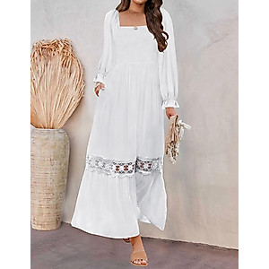 ZESICA Women's 2024 Boho Long Sleeve Square Neck Smocked High Waist Flowy A Line Lace Trim Maxi Dress White