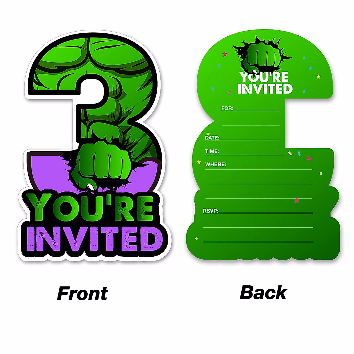 20 Super Hero 3rd Birthday Party Invitations with Envelopes Double Sided Green Superhero Shaped Fill-in Invitations Invites for 3 Year Old