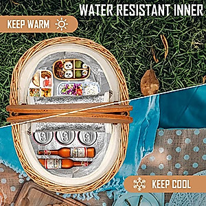 Picnic Basket Set for 2 with Insulated Cooler Bag and Cutlery Service Kits, Wooden Lids & Handles Willow Picnic Hamper Basket W/Lining for Camping, Party, Wedding, Halloween, Christmas (White)