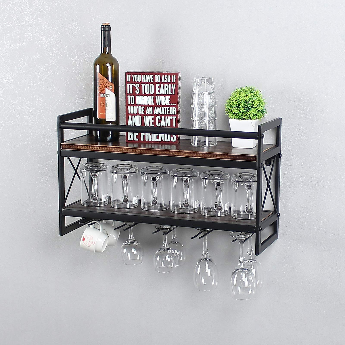 MBQQ Wine Rack Stemware Glass Rack,Industrial 2-Tier Wood Shelf,36" Wall Mounted Wine Racks with 8 Stem Glass Holder for Wine Glasses,Mugs,Home Decor,Black