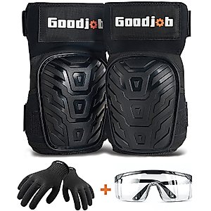 goodjob Knee Pads for Work 3-in-1 Set, Premium Gel and Thick Foam Cushion, Work Knee Pads for Men and Woman with Cut Resistant Gloves and Safety Goggles