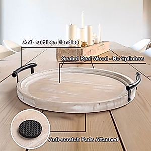 Round Wood Tray/w Wood Bead Garland - 13" Decorative Trays for Home Decor - Round Wooden Tray with Handles - Wooden Round Tray for Kitchen Counter.