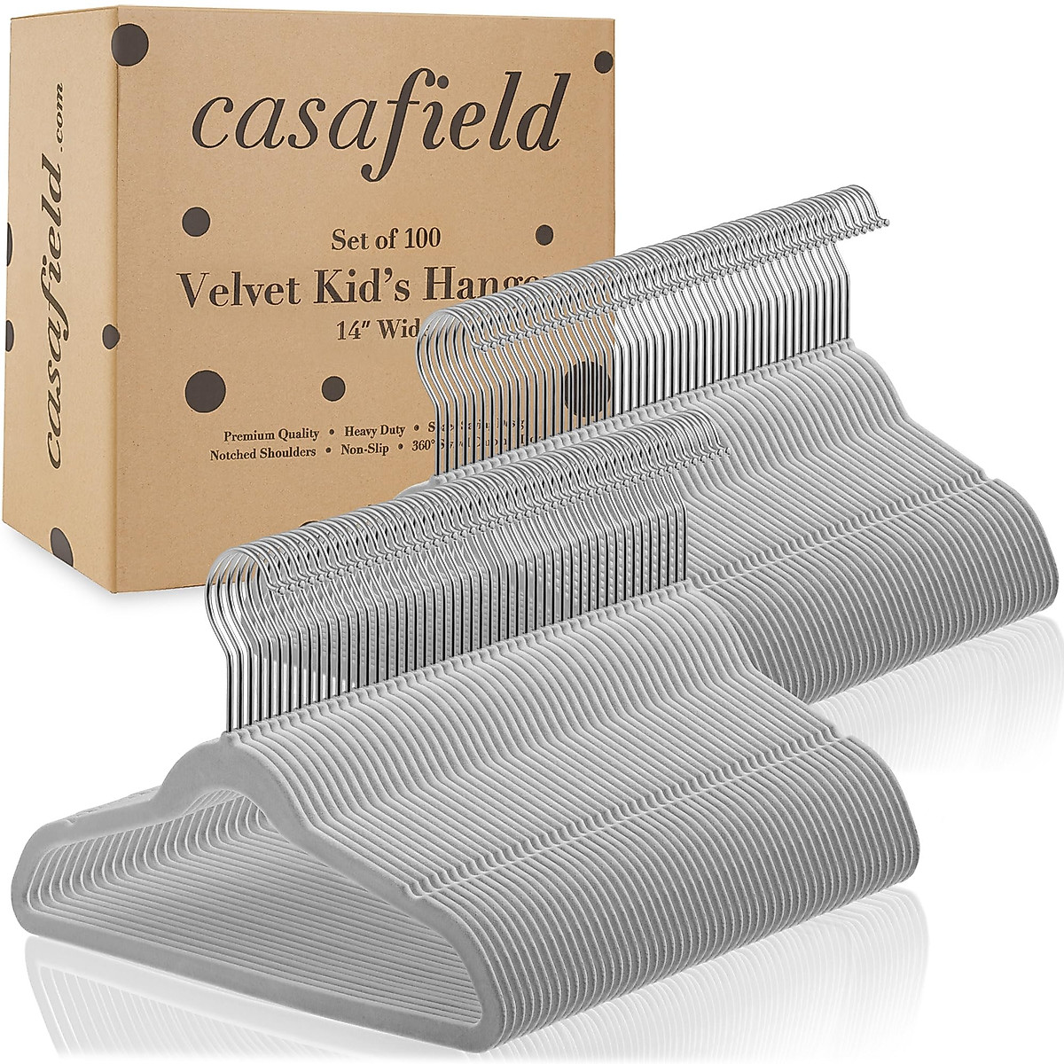 Casafield 100 Velvet Kid's Hangers - 14" Size for Children's Clothes - Gray
