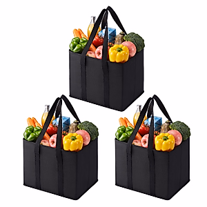 VENO 3 Packs Reusable Grocery Shopping Bags, Shopping Cart Bags, Storage Boxes, Trunk Organizer, Premium Quality, Heavy Duty Tote, Reinforced Bottom, Foldable, Collapsible, Sustainable (L, Set of 3)