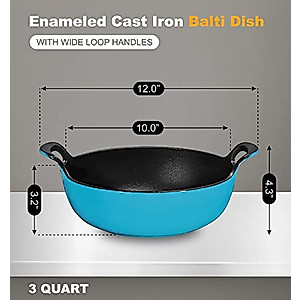Bruntmor 3 Qt Enamel Cast Iron Balti Dish - Nonstick Handi for Curries, Asian Wok, Dutch Oven for Casseroles, Stovetop Stir Fry Pan