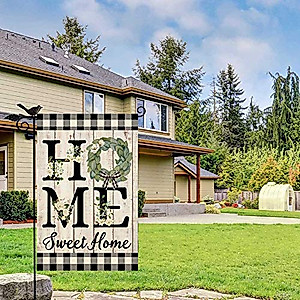 ORTIGIA Home Sweet Home Magnolia Small Garden Flag Burlap Vertical Double Sided Spring Farmhouse Rustic Buffalo Check Plaid Flower Home Decor for Yard Lawn Patio Outdoor