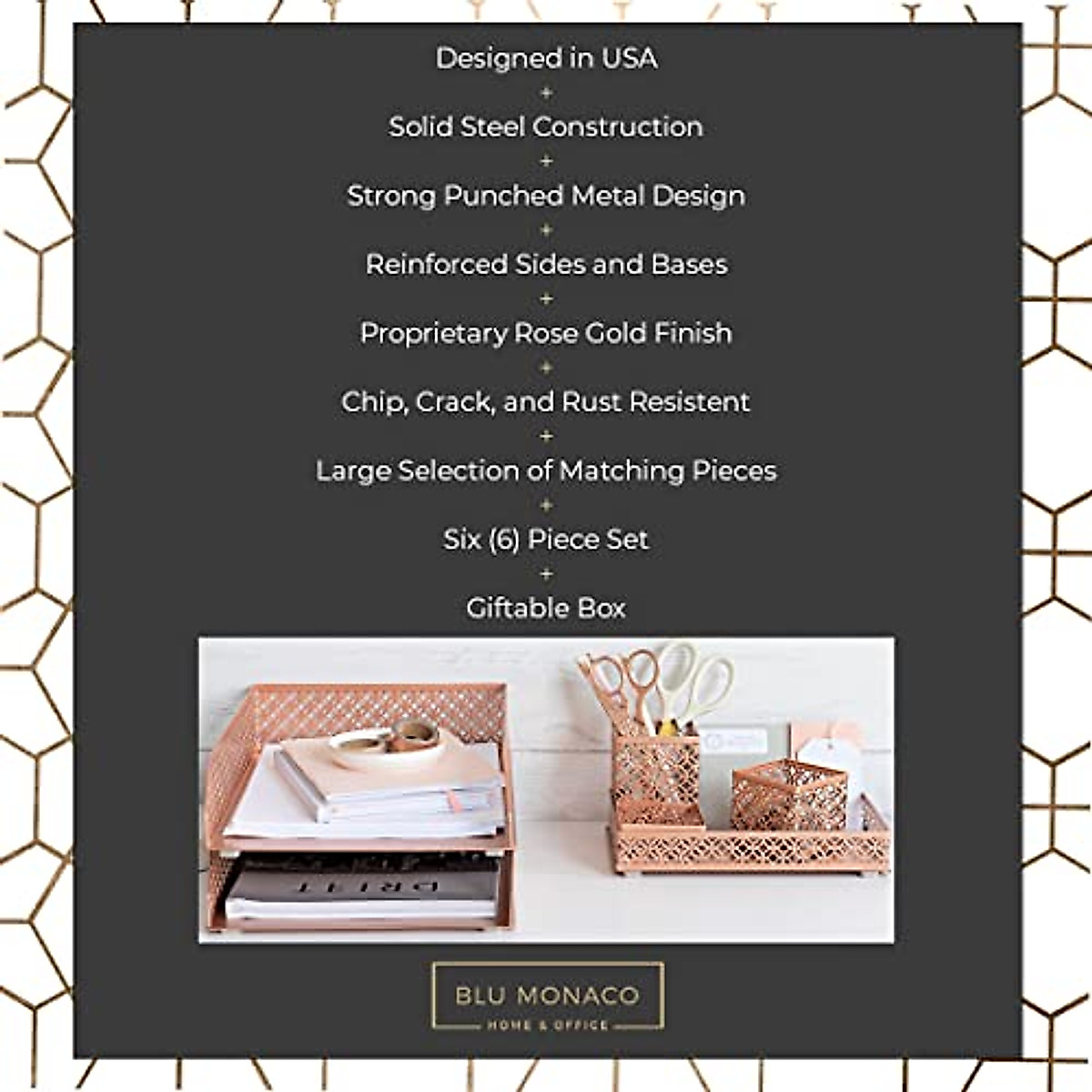 Blu Monaco Office Supplies Rose Gold Desk Accessories for Women-6 Piece Interlocking Stylish Desk Organizer Set- Pen Cup, 3 Accessory Trays, 2 Letter Trays-Rose Gold Paper Tray Holder