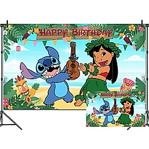 Chunyunfafalou Lilo and Stitch Birthday Party Backdrop Supplies Hola Hawaii Tropical Luau Banner for Girl Baby Shower Summer Beach Ocean Background 5x3ft Photo Booth Props