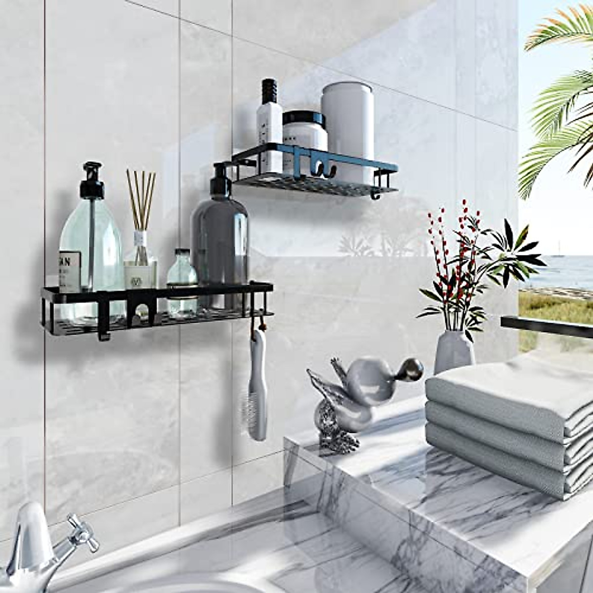 GYSHICAI Shower Caddy Shelf Rack 2Pack, Black Shower Caddy Racks for Inside Shower, Self Adhesive Shower Shelves Bathroom Wall Mount with Hooks, Shower Storage Shampoo Holder Organizer for Rv Steel